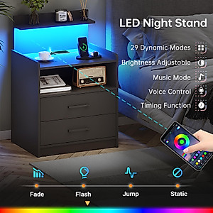 Night Stand, Nightstand with Charging Station, LED Bedside Table with Drawers and Storage Shelf, Modern Wood End Table Side Table for Bedroom, Black