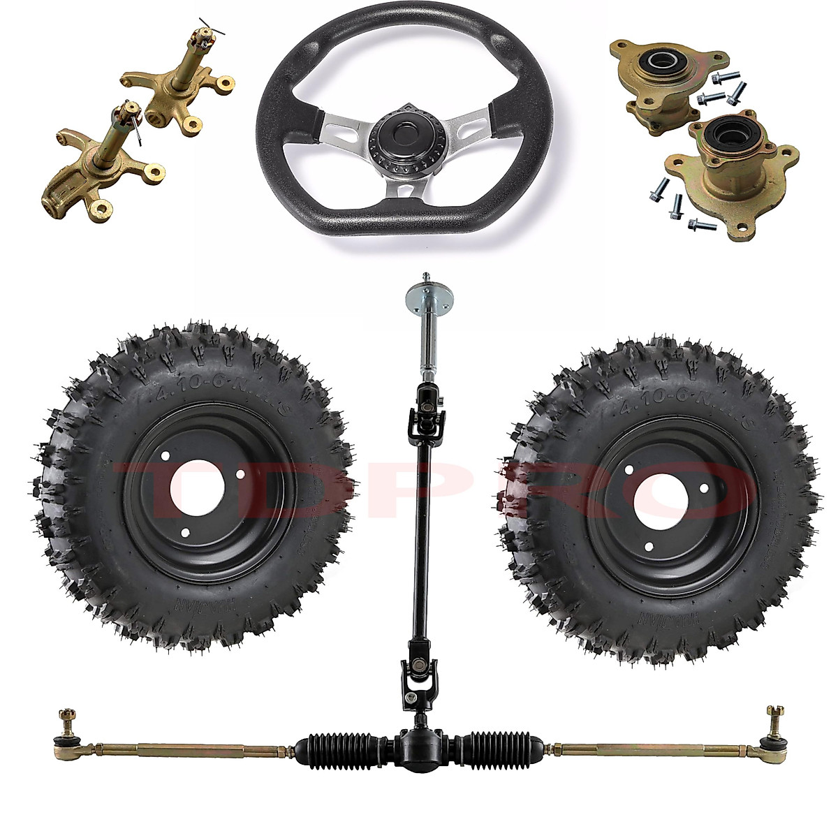 YC Yier Front Steering Wheel Tie Rod Kit Gear Rack Pinion Shaft & 3 Stud Wheel Hub Steering Spindle Knuckle & 4.10-6 Wheels Tires DIY Parts for Go Kart Go Cart Golf Cart ATV Quad UTV Buggy Drift Trike
