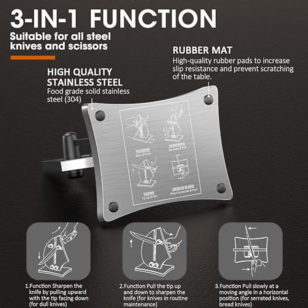 Grihot Professional Knife Sharpener | 3-Function Knife Sharpeners for Kitchen Knives, Self-Adjusting Sharpening AngleSolid Stainless Steel and Tungsten Carbide (Upgrade Sailboat Shape)