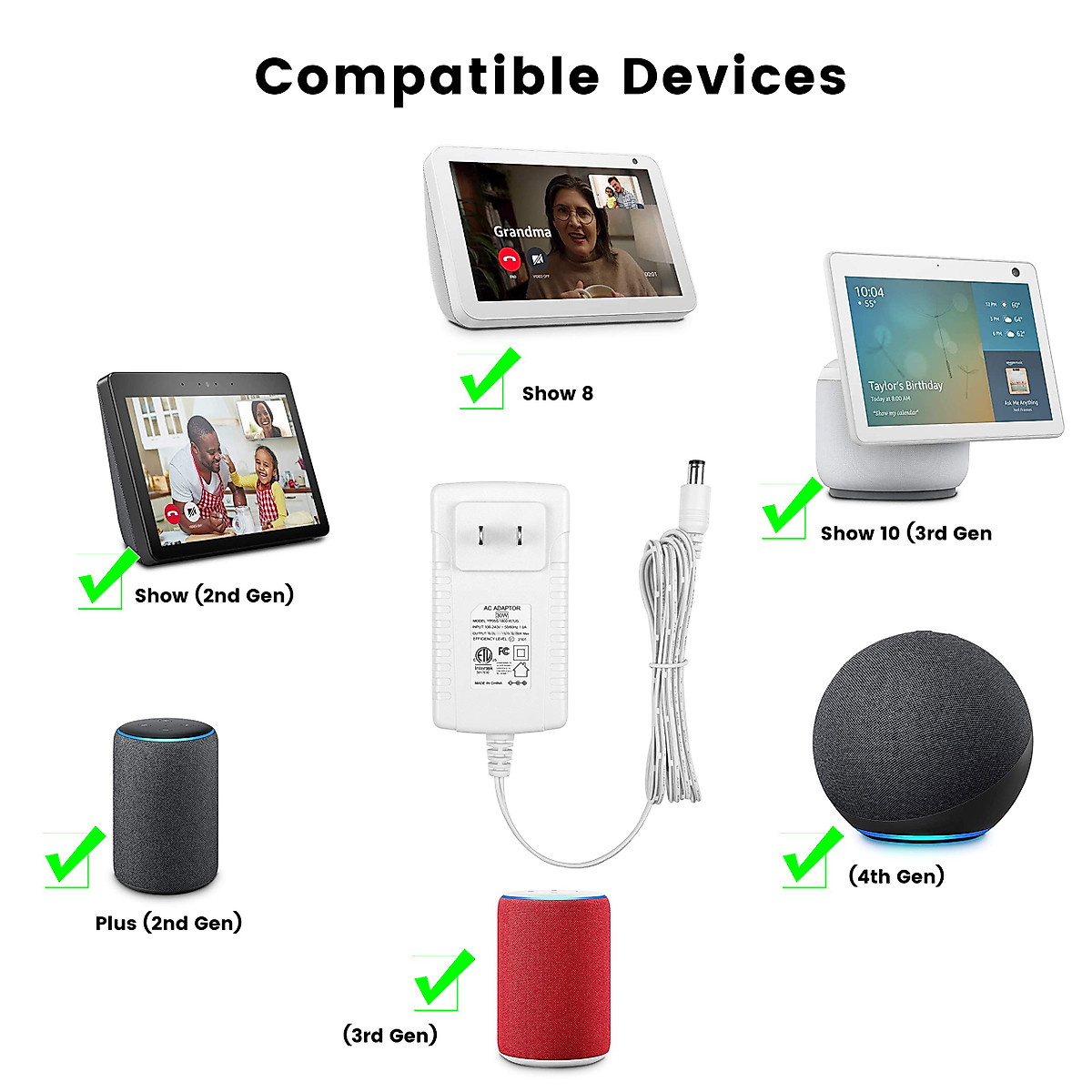 Show 8 Power Cord Adapter Replacement for Alexa 4th / 3rd Gen, Show 10 (3rd Gen), Alexa Plus 2nd Gen, Alexa Show 2nd Gen - 30W White Charger Plug with 5ft Long Cable