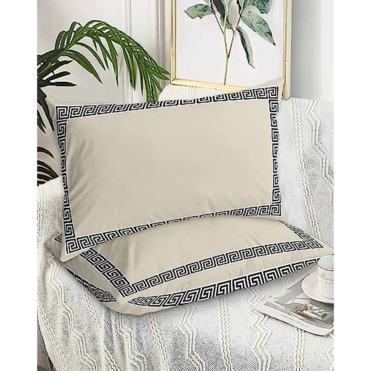 Edwiinsa Beige Pillow Covers King Standard Set of 2 20x36 Bed Pillow, Black Modern Geometric Abstract Art Aesthetics Plush Soft Comfort for Hair/Skin Cooling Pillowcases with Envelop Closure