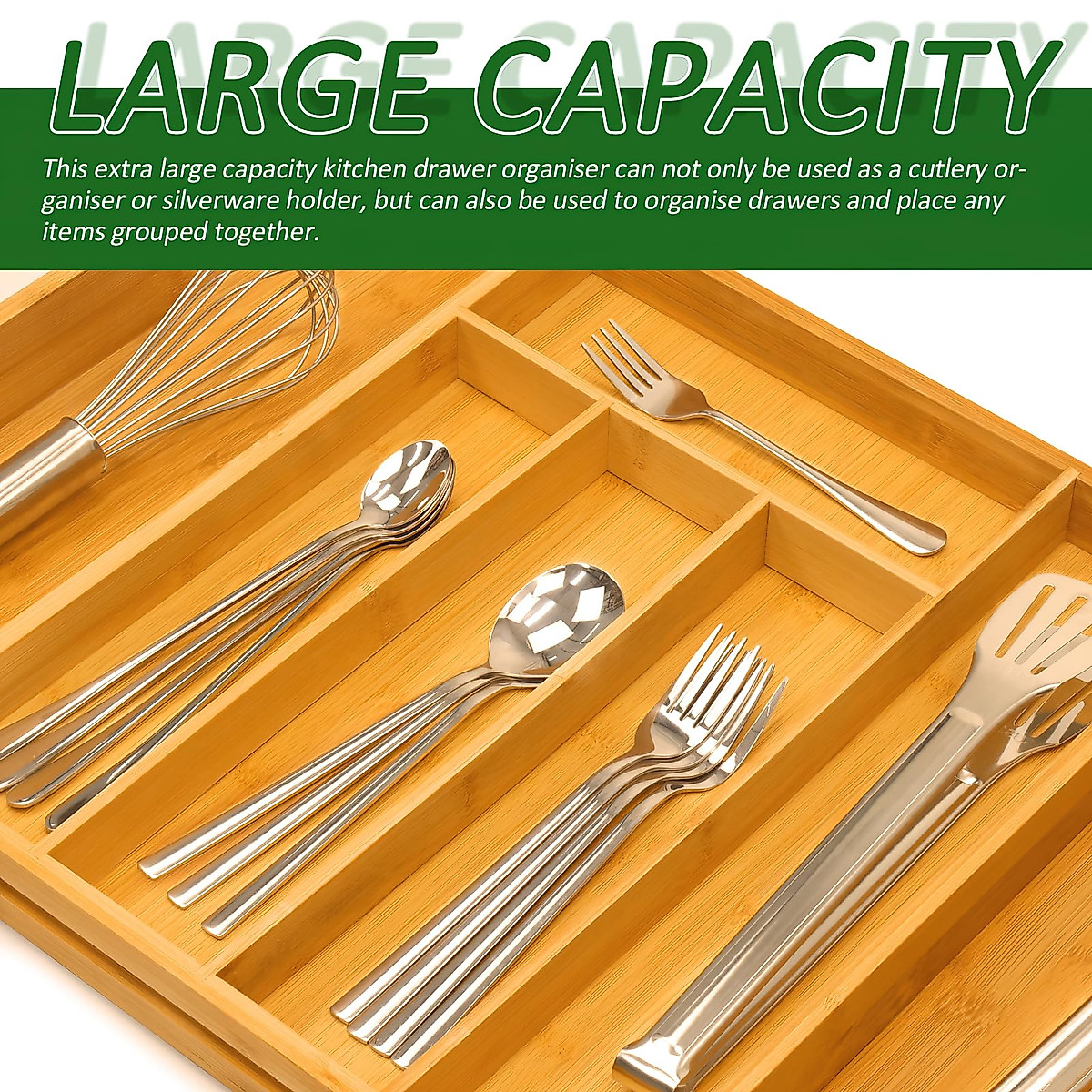 Mxbamhyc 2 Pack Silverware Organizer for Drawer,Bamboo Expandable Kitchen Flatware Organizer,Adjustable Utensil Cutlery Organizer/Holder.