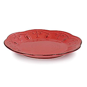 Elama Embossed Scalloped Round Stoneware Dinnerware Dish Set, 16 Piece, Red with Brown Accents