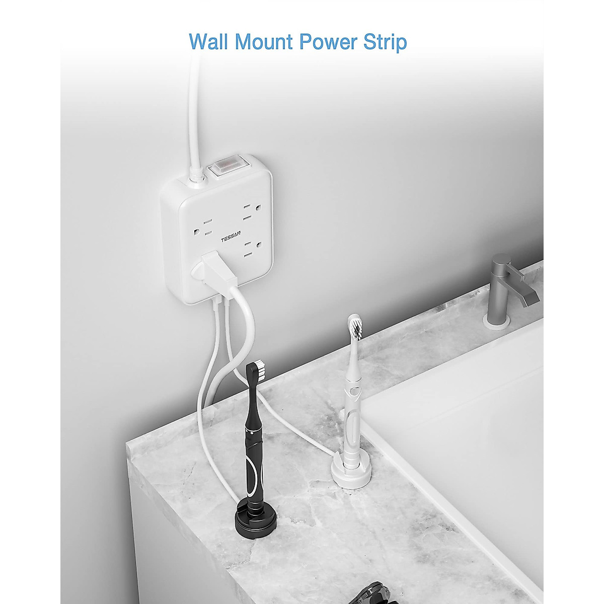 Outdoor Power Strip Weatherproof, TESSAN Waterproof Surge Protector with 4 Outlets 2 USB, Extension Cord 6 ft, Overload Protection, Shockproof, Flat Plug, Mountable for Bathroom Patio Garden, White