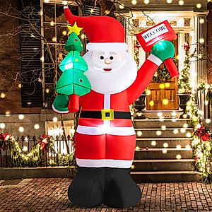 6FT Christmas Inflatables Santa Claus with Welcome Sign and Tree, Outdoor Christmas Holiday Decorations Clearance Blow Up Santa with Built-in 4 LED Lights for Home Party Yard Lawn, Housen Solutions