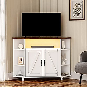 4 EVER WINNER Corner TV Stand for 50 Inch TV, 45” Farmhouse Corner TV Cabinet with LED Light, Adjustable Shelves and Barn Doors, Corner Entertainment Center for Living Room Bedroom, White