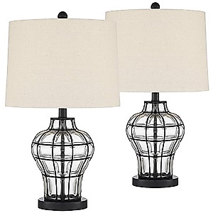 360 Lighting Hudson 23" High Small Modern Accent Table Lamps Set of 2 WiFi Smart Socket Dark Bronze Clear Metal Glass Living Room Bedroom Bedside Nightstand House Office Reading Fabric Shade