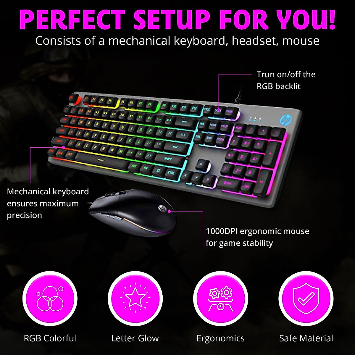 HP PC Gaming Keyboard and Mouse Combo, RGB Backlit Wired Gaming Mouse and Keyboard, Mouse pad,Gaming Headset, Gamer 4 in 1 Bundle for PC PS4 PS5 and Xbox