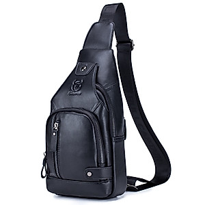 BULLCAPTAIN Genuine Leather Mens Sling Bag Multipurpose Travel Crossbody Chest Bag Daypacks with USB Charging Port (Black)