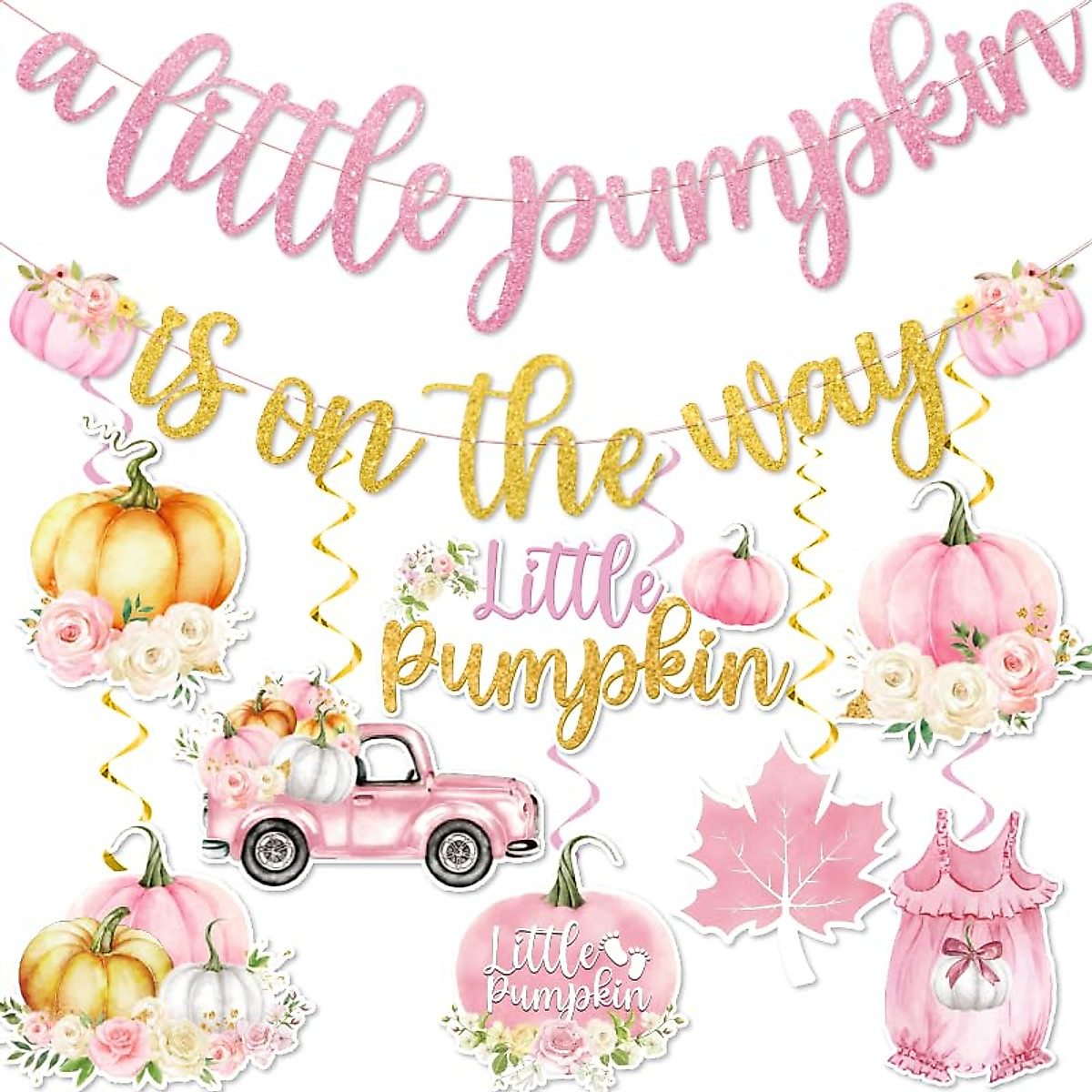 Little Pumpkin Baby Shower Decorations, Girl Pink Pumpkin Baby Shower Decorations includes a Little Pumpkin Is On The Way Banner and A Little Pumpkin Is On Her Way Baby Shower Hanging Swirls