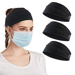 SUNLAND Headband with Buttons for Face Masks and Covers Unisex Elastic Hair Band for Ears Protection Bandannas for Head Wraps 3 Pack Black
