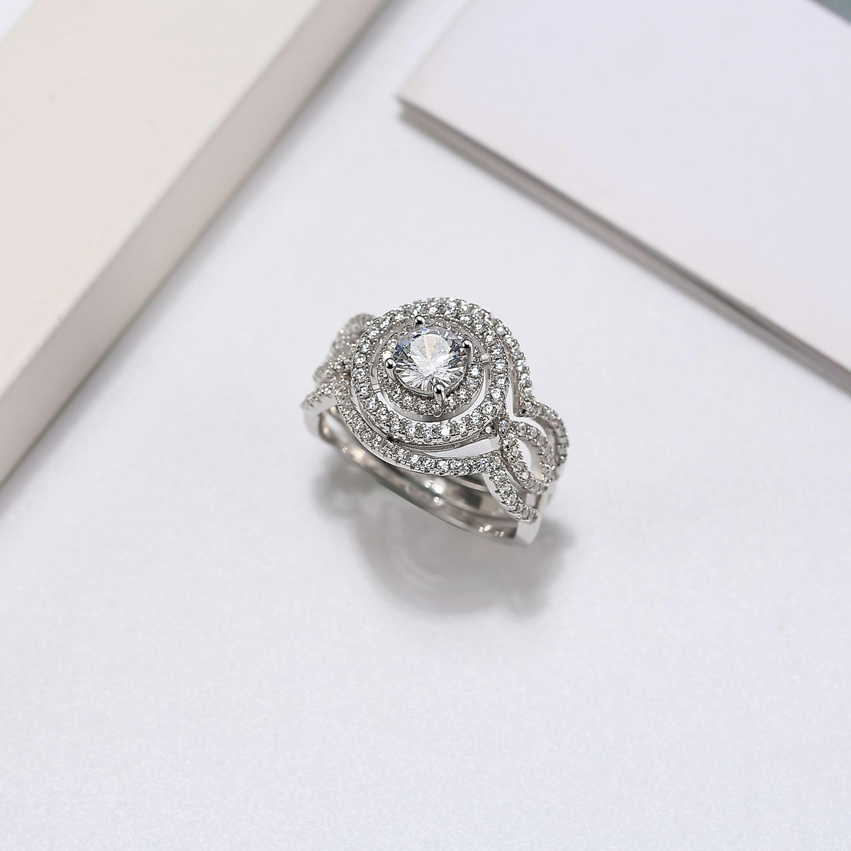 Halo Wedding Ring Set for Women by Ginger Lyne |3 Ring Bridal Set | Sterling Silver Engagement Ring Two Matching Anniversary Bands | Cubic Zirconia Promise Rings for Her