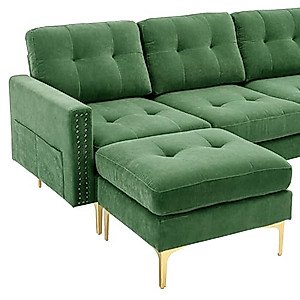 EOVTK Convertible Sectional Sofa with Movable Ottoman, 110" L-Shape Velvet Couch with Golden Metal Legs & Side Storage Pockets for Living Room, Apartment, Office, Green