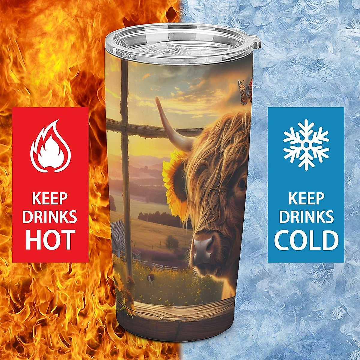 Highland Cow From Window Sunflower Sunset 20 Oz Tumbler with Straw Lid Insulated Travel Coffee Mug Large Capacity Car Cup