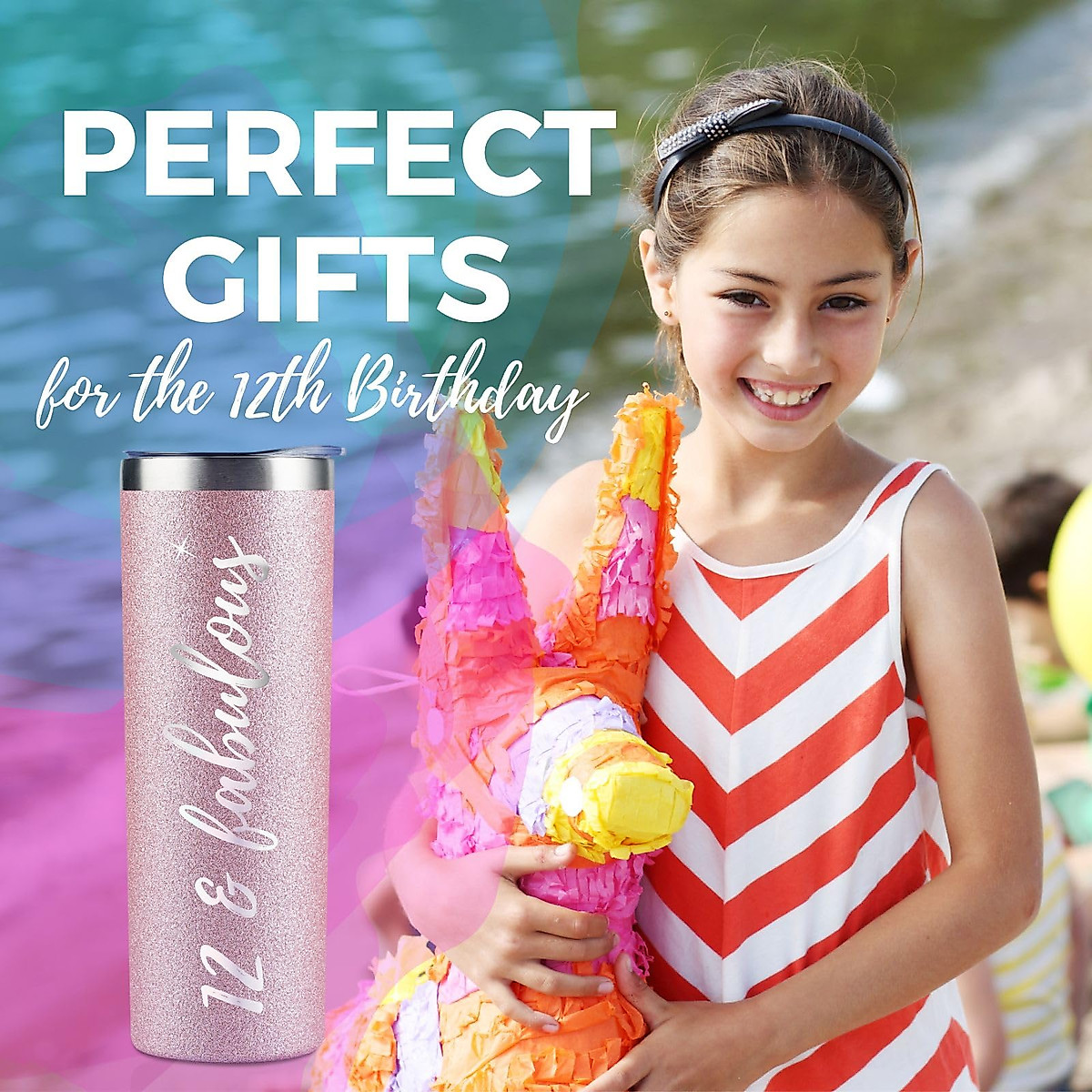Onebttl Birthday Gifts for 12 Year Old Girl -12 & Fabulous - Tween Girl Gifts, Unique Design 20oz Skinny Tumbler, Novelty 12th Birthday Gifts for Girls, Card & Package Included - Pink