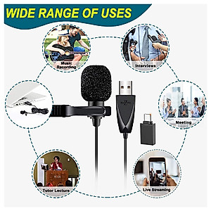 ZAFFIRO USB Lavalier Microphone, Clip-on USB Computer Microphone Plug & Play Omnidirectional Mic for PC, Laptop, Mac, PS4. Smartphone Perfect for Video Recording