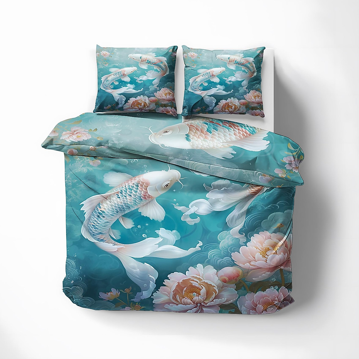Epzylqyr White Fish Couple Duvet Cover Full Size, Underwater Peony Duvet Cover Set 3 pcs, 3D Fish Bedding Set with Zipper Closure, 1 Duvet Cover 80x90 inches and 2 Pillow Shams