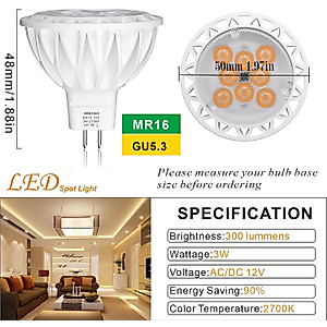 AIMEOKO MR16 LED Bulb Light Bulbs 3W (35W Halogen Equivalent) 2700K GU5.3 Base 12V Spotlight 300Lm for Landscape Recessed Track Lighting Ceiling Indoor Outdoor - 6 Pack (Warm White)