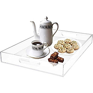 Durable Acrylic Tray Breakfast Serving Tray - 5MM Thick Big Rectangular Waterproof Acrylic Serving Platter with Handles for Coffee, Tea, Food -Elegant Acrylic Decorative Tray (Clear Tray-16''x12'')