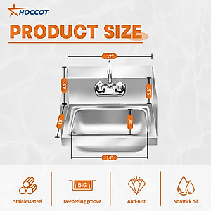 HOCCOT 304 Stainless Steel Sink, Wall Mounted Commercial Restaurant Sink, Hand Washing Sink with Side Splashes, Utility Sink for Restaurant, Kitchen, Bar, Outdoor, Garage, 17"x 15"