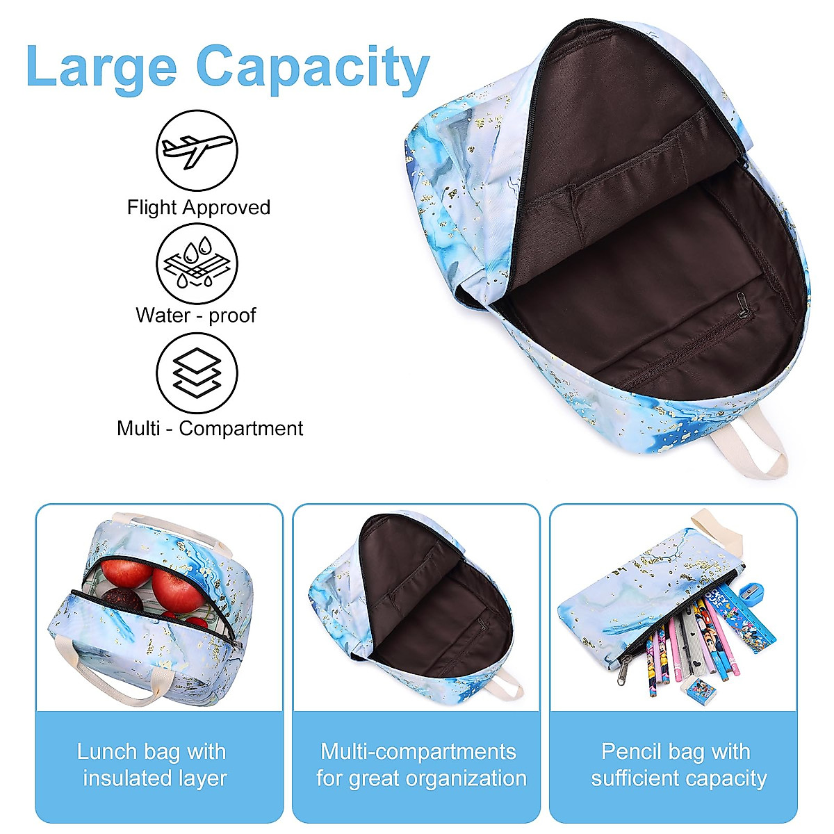 Bluboon Teen Girls School Backpack Kids Bookbag Set with Lunch Box Pencil Case Travel Laptop Backpack Casual Daypacks (Blue-white)