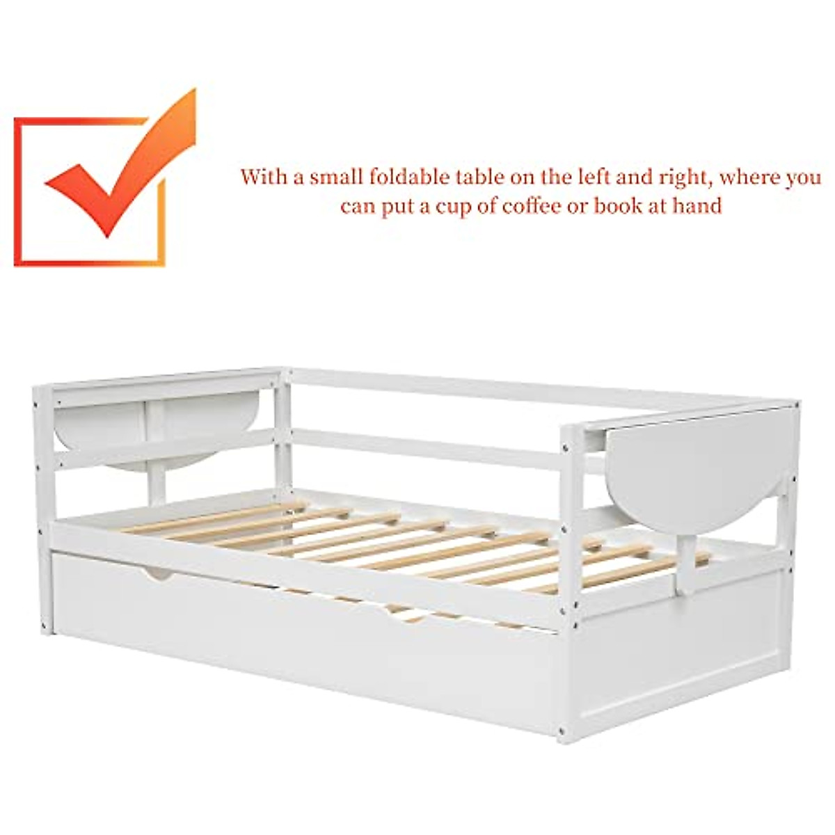 Polibi Twin Size Daybed with Trundle and Foldable Shelves on Both Sides, Wooden Sofa Bed with Wood Frame and Slats, No Spring Box Needed