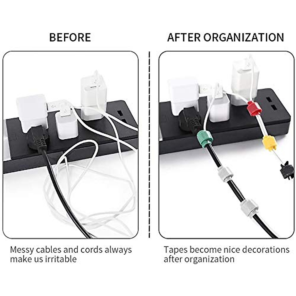 50 PCS Reusable Fastening Cable Ties, 8 Inch Premium Adjustable Cord Ties Black Cord Organization Straps, Microfiber Hook Loop Cable Management Wire Organizer Wrap