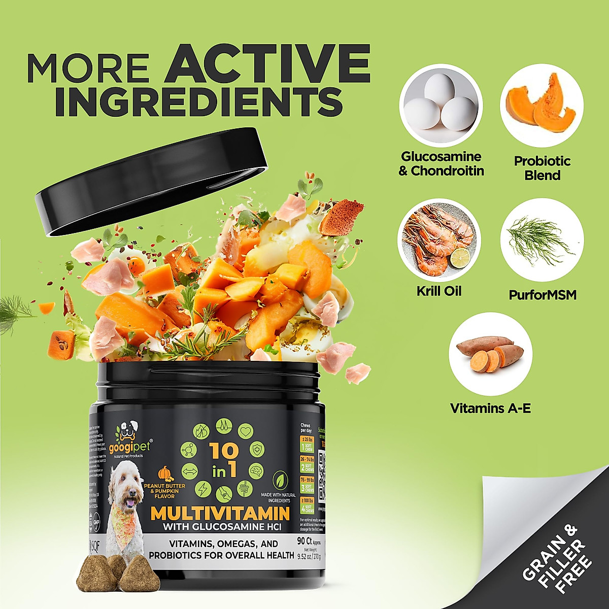 Googipet Premium 10 in 1 Dog Vitamins Multivitamin Chewable w/Dog Probiotics for Gut Health, Dog Vitamins and Supplements w/Vitamin C & Glucosamine for Joint Support (Peanut Butter & Pumpkin Flavor)