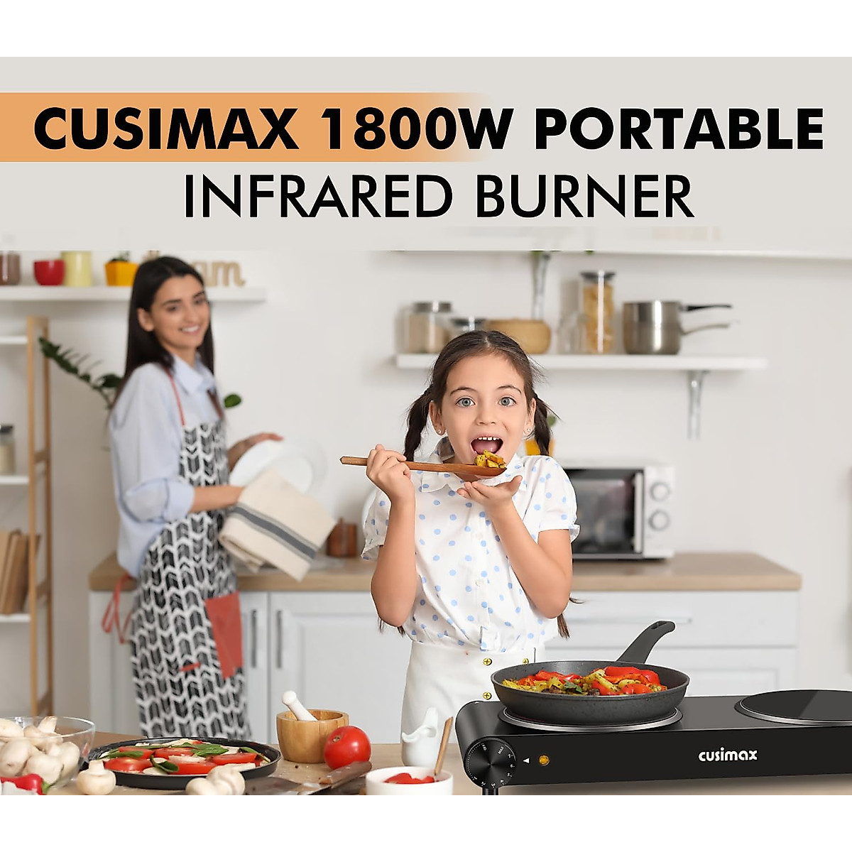 CUSIMAX Double Burner, 1800W Electric Burner Ceramic Hot Plate for Cooking, Dual Control Infrared Burner, Glass Plate Electric Cooktop, Stainless Steel-Upgraded Version