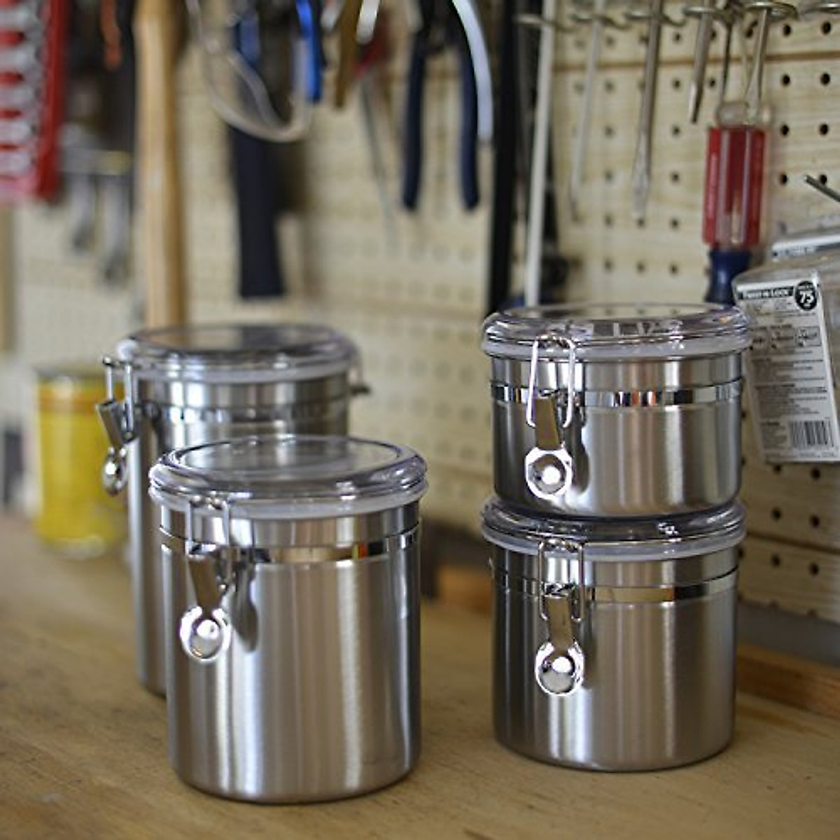 Anchor Hocking Round Stainless Steel Canister Set with Clear Acrylic Lid and Locking Clamp, 4-Piece Set - 24954