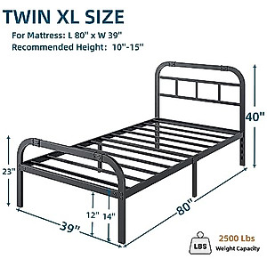 Artimorany Twin XL Bed Frame with Headboard and Footboard, 14 Inch High, 2500 Pounds Heavy Duty Metal Slats Support for Mattress, No Box Spring Needed,Noise-Free, Black