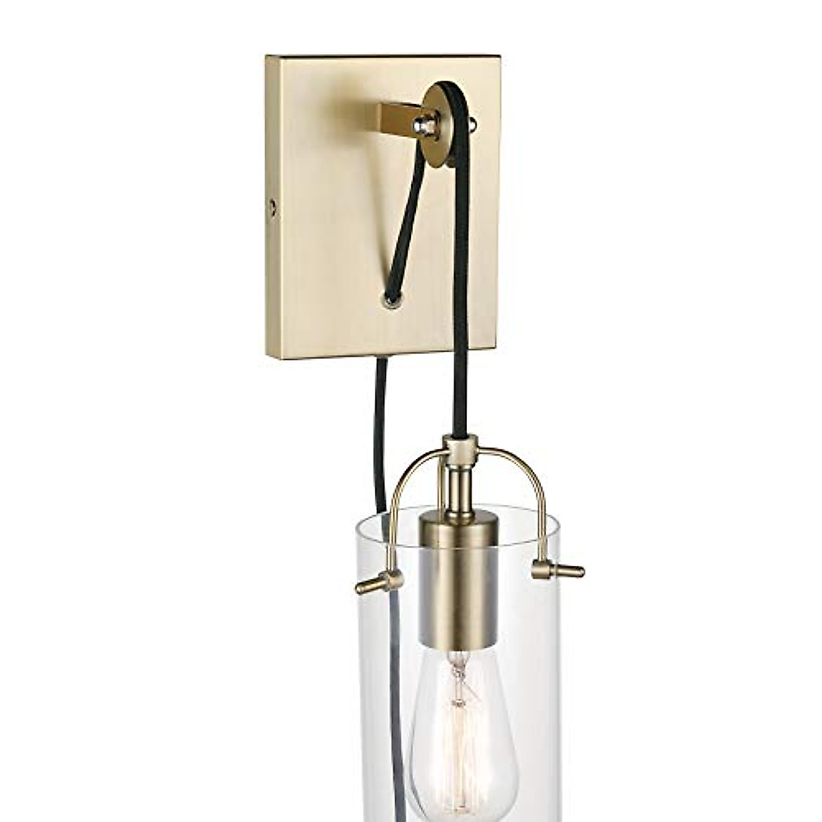 Globe Electric 51629 Nordhaven 1-Light Plug-in or Hardwire Wall Sconce, Antique Brass, Pulley Accent, Clear Glass Shade, Bulb Included