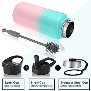 Milu Stainless Steel Drinking Bottle 500ml, 750ml, 1000ml (+3 Lids) - Thermos Bottle with Straw, Water Bottle, For Hot, Cold & Carbonated Drinks (Mint Pink, 1l)