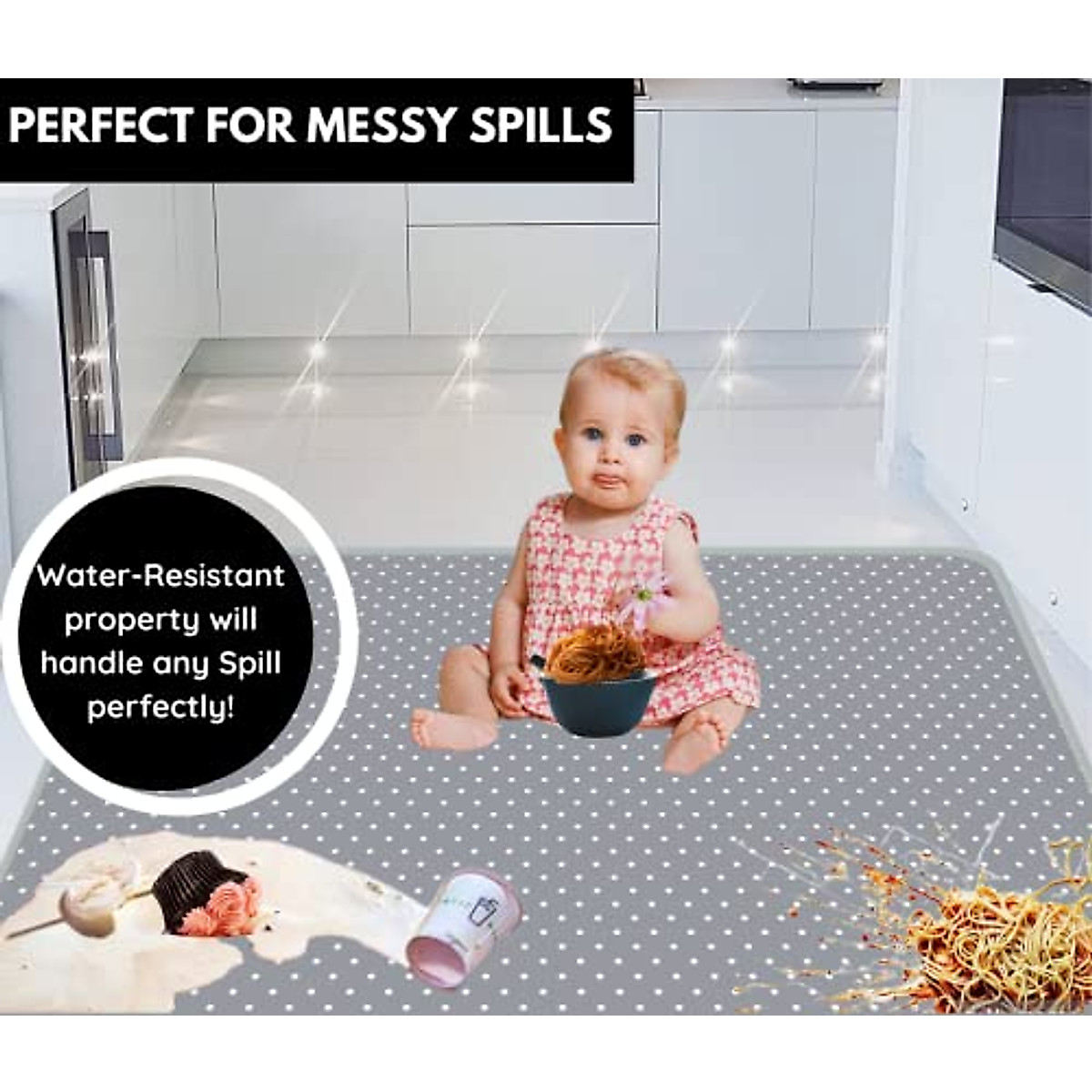Splat Mat for Under High Chair - Splash Mat | Large 51" x 46" Size | Washable & Water Resistant | Avoid Messes | Multiple Uses | Easy to Wipe | Quick Drying - Comes w/ Carrying case for Floor & Table