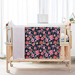 HOMRITAR Baby Blanket for Girls Super Soft Double Layer Minky with Dotted Backing, Elegant Receiving Blanket with Pink Floral Multicolor Printed Blanket 30 x 40 Inch(75x100cm), Navy Blue