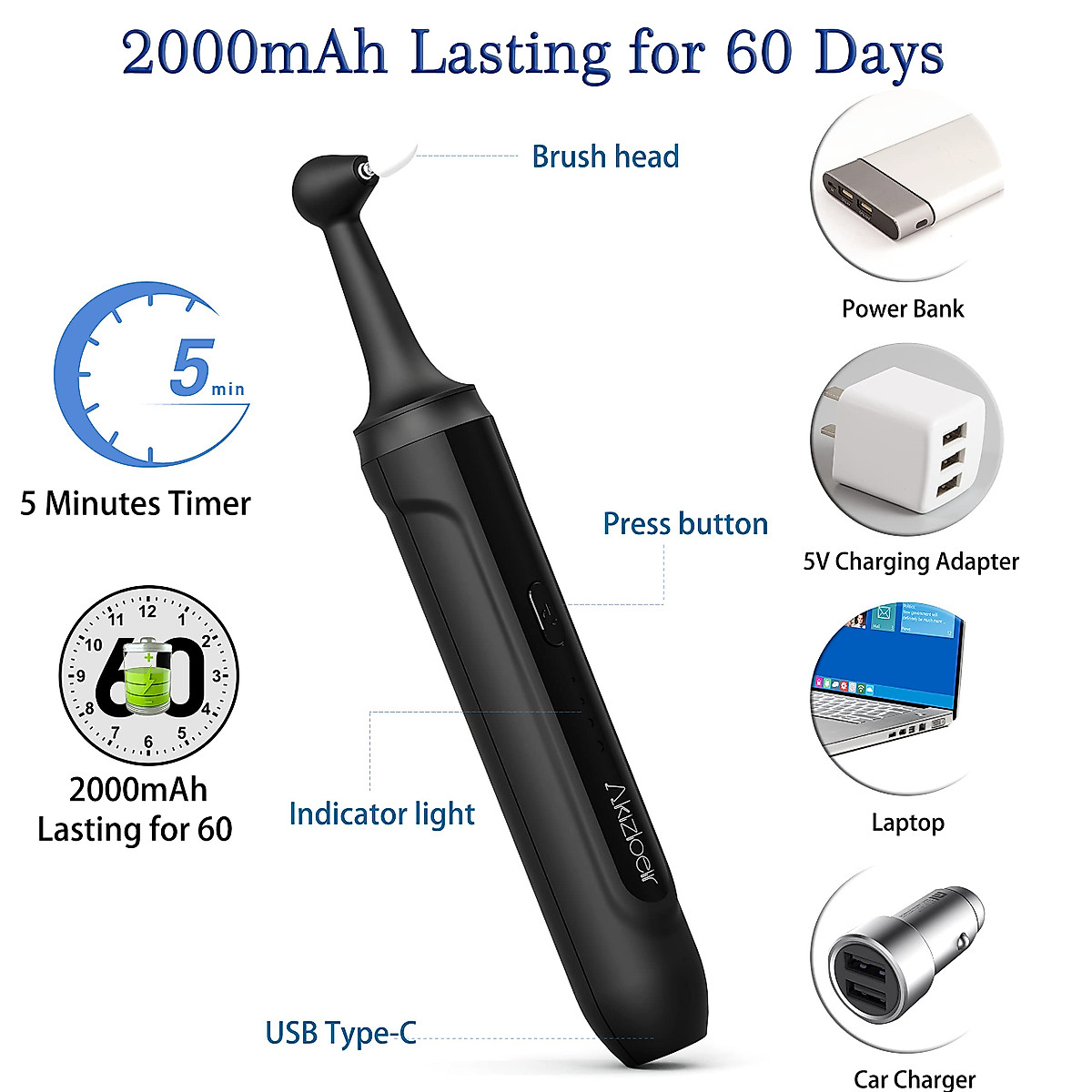 Akizbeir Electric Tooth Polisher, with 5 Replacement Heads, 2000mAh-Charging Model, Household Dental Tartar Calculus Remover Teeth Whitening Cleaning Kit for People and Pet Dog（Black）