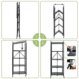 5-Shelf Foldable Storage Shelves with Wheels, Large Capacity Shelving Unit, Freestanding Metal Wire Shelf Rack, No Assembly Organizer Rack for Garage Kitchen, Basement, Pantry, Heavy Duty