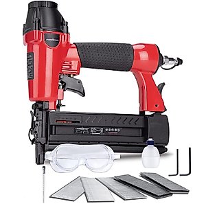 Pneumatic Brad Nailer, POWERSMART 2 in 1 Nail Gun and Crown Stapler with Safety Glasses, Compatible with 5/8” up to 2” Nails, 18 Gauge Brad Gun for Upholstery, Carpentry and Woodworking Projects