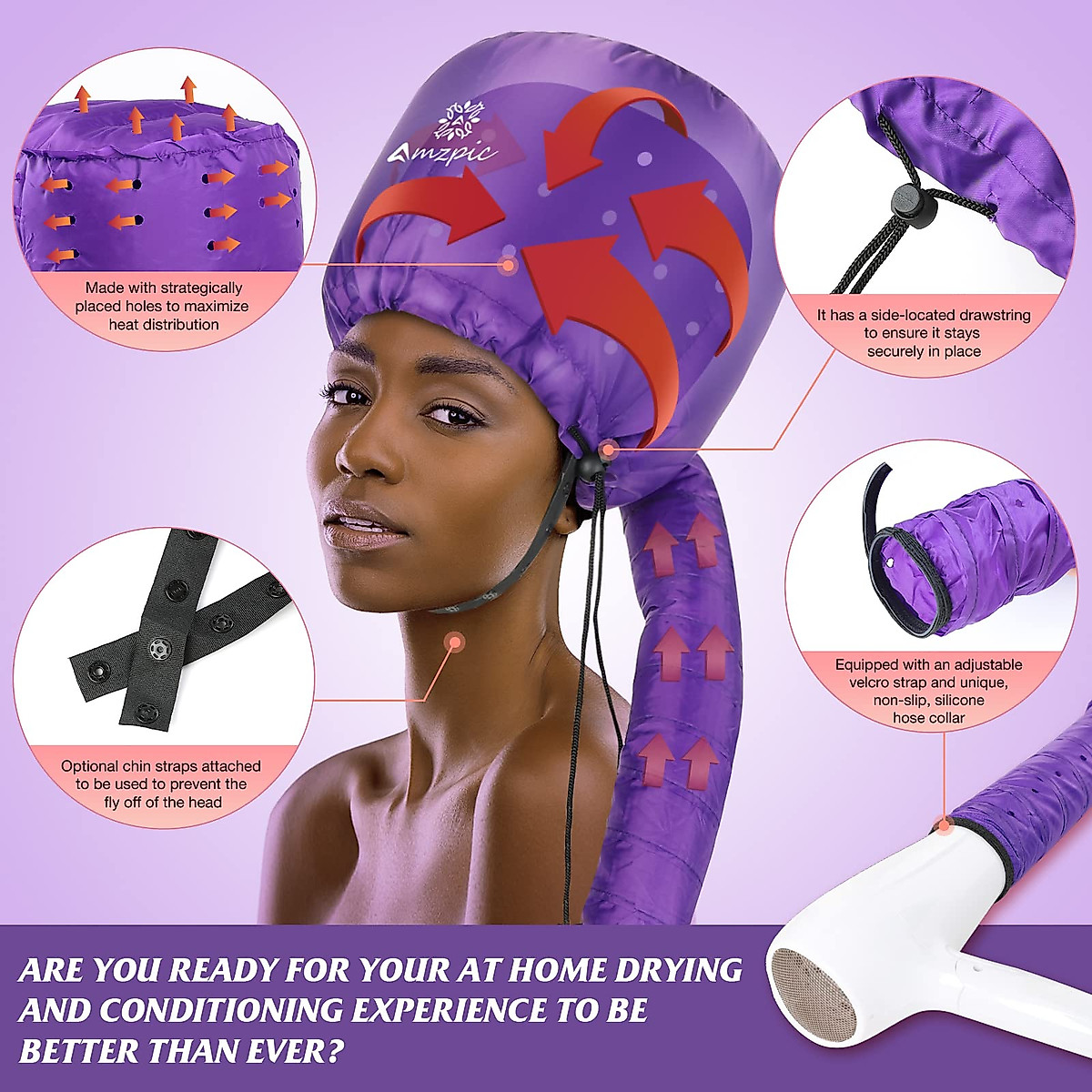 Bonnet Hood Hair Dryer Attachment - Soft, Adjustable Extra Large Bonnet Hair Dryer for Speeds Up Drying Time at Home, Easy to Use for Styling, Curling and Deep Conditioning (Purple)