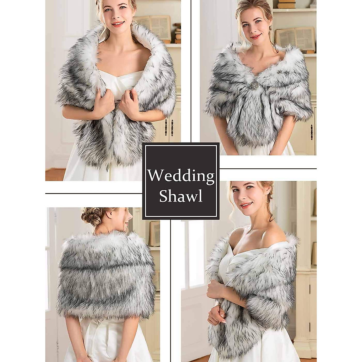 EARENT Women's Faux Fur Shawls and Wraps 1920s Bride Wedding Fur Scarf Bridal Fur Stoles for Brides and Bridesmaids (White+Black)