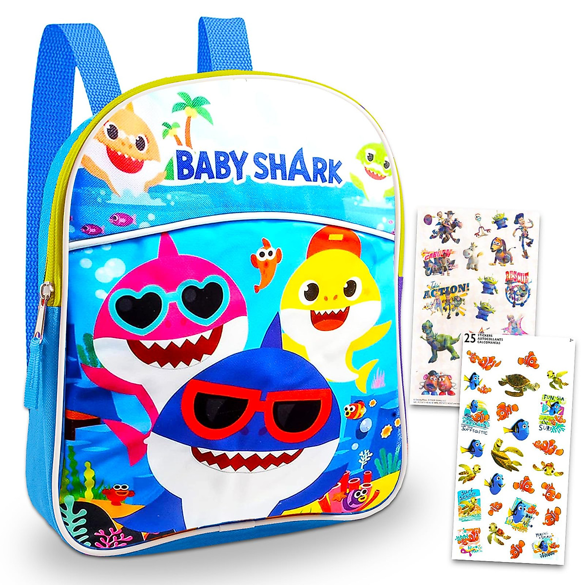 Pinkfong Baby Shark Baby Shark 11 inch Mini School Backpack for Kids ~ 3 Pc Bundle With Small Baby Shark School Bag And Toy Story And Finding Dory Stickers (Baby Shark School Supplies Set)