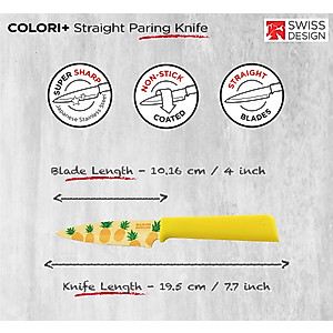 KUHN RIKON Tropics Pineapple Colori+ Non-Stick Straight Paring Knife with Safety Sheath, Stainless Steel