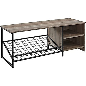 Walker Edison Industrial Metal and Wood Entryway Bench Shoe Storage Shelf Hallway Organizer, 48 Inch, Grey Wash