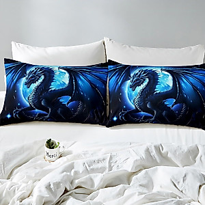 Dragon Fitted Sheet Twin Size,Starry Sky Moon Night Bedding Set 2Pcs for Kids Boys Teens Men Room Decor,3D Animals Bed Sheet Western Dragon Black Blue Deep Pocket Sheet,1 Pillowcase