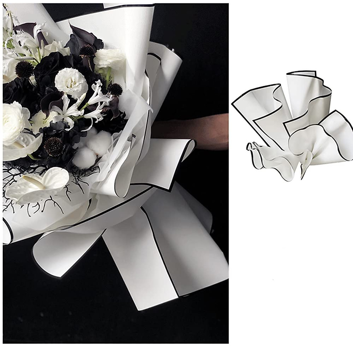 20 Counts 4 Styles Black White Waterproof Florist Bouquet Paper Packaging Paper,Fresh Flowers Wrapping Paper with Border 23"with 48 Yards 1/2"Fabric Ribbons,Gift Packaging for Birthday Holiday Wedding