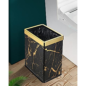 Huaqinglian Small Office Trash can Bedroom Wastebasket,Rectangle Slim Bathroom Kitchen Garbage can 2.6Gallon(Black Gold Marble)