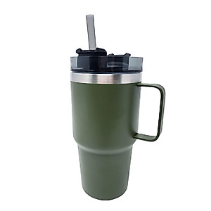 FTB Creative 20oz Insulated Tumbler Mug, Double Wall Stainless Steel, with Lid, Straw and Handle (Army Green)