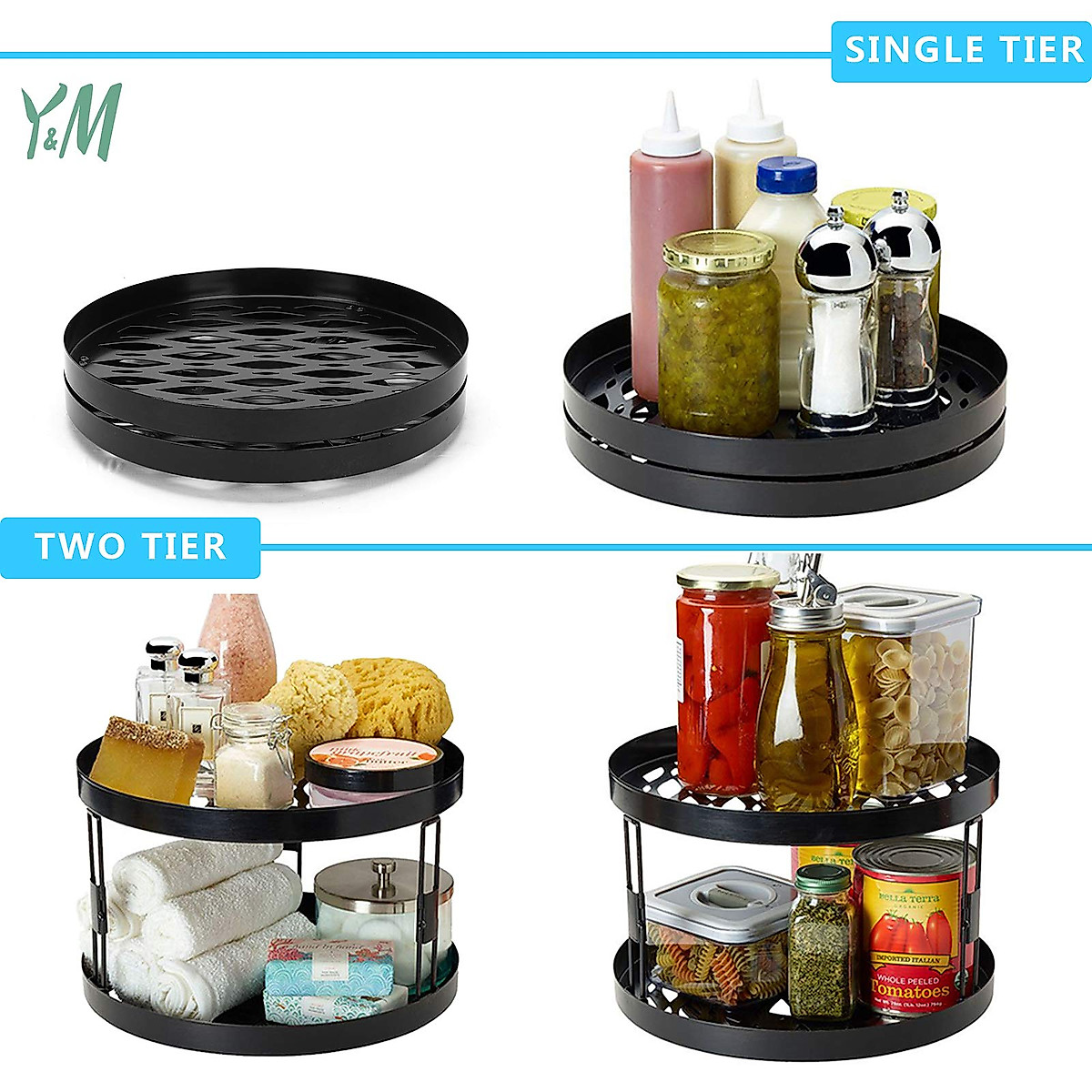 Spice Rack Organizer for Countertop, 360° 2-Tier Lazy Susan Turntable 12inch Rotating Countertop Organizer for Kitchen/Bathroom/Makeup Organizer - Black with Bronze Brush