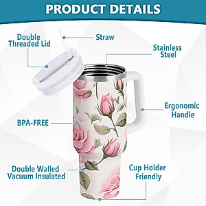 30 oz Chic Pink Rose Insulated Tumbler with Handle, Stainless Steel Vacuum Water Bottles with Lid and Straw for Water, Iced Tea or Coffee