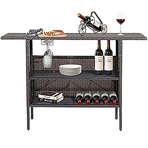 Giantex Outdoor Patio Wicker Bar Table, 2 Storage Shelves, 55''W Tabletop, Rails for Hanging Wine Glasses, Heavy-Duty Metal Frame, Bistro Rattan Bar Counter Table for Poolside Backyard (Mix Brown)